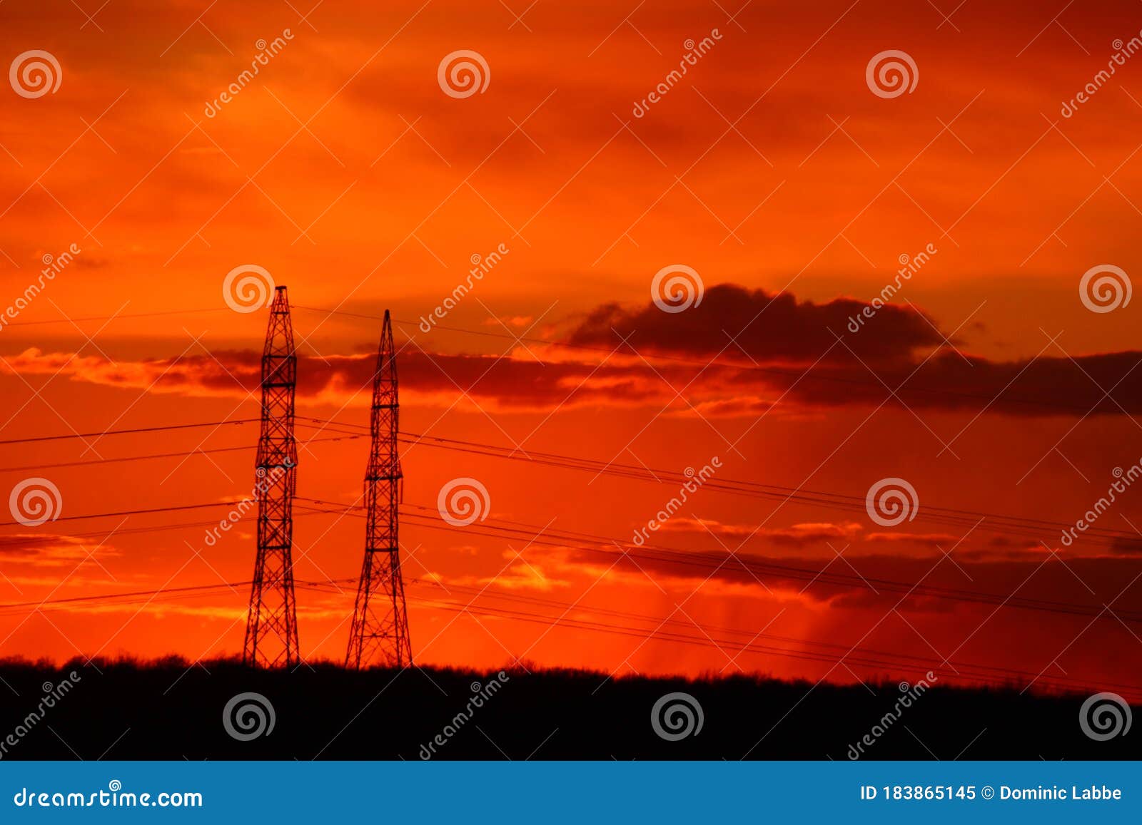 Sunset on pylons stock image. Image of fire, orange - 183865145