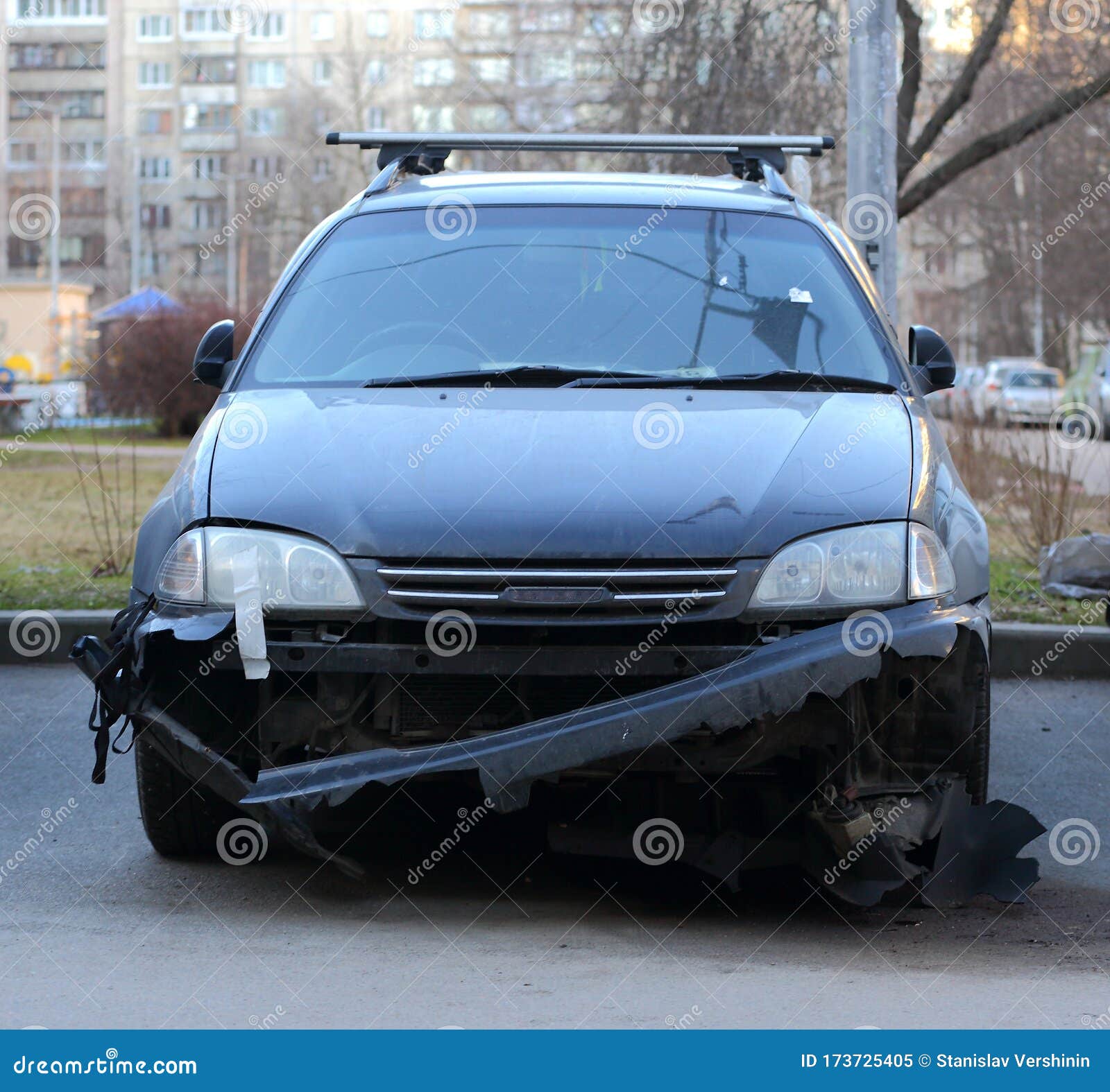 Dark Right-hand Drive Car with a Broken Bumper Stock Image - Image of ...