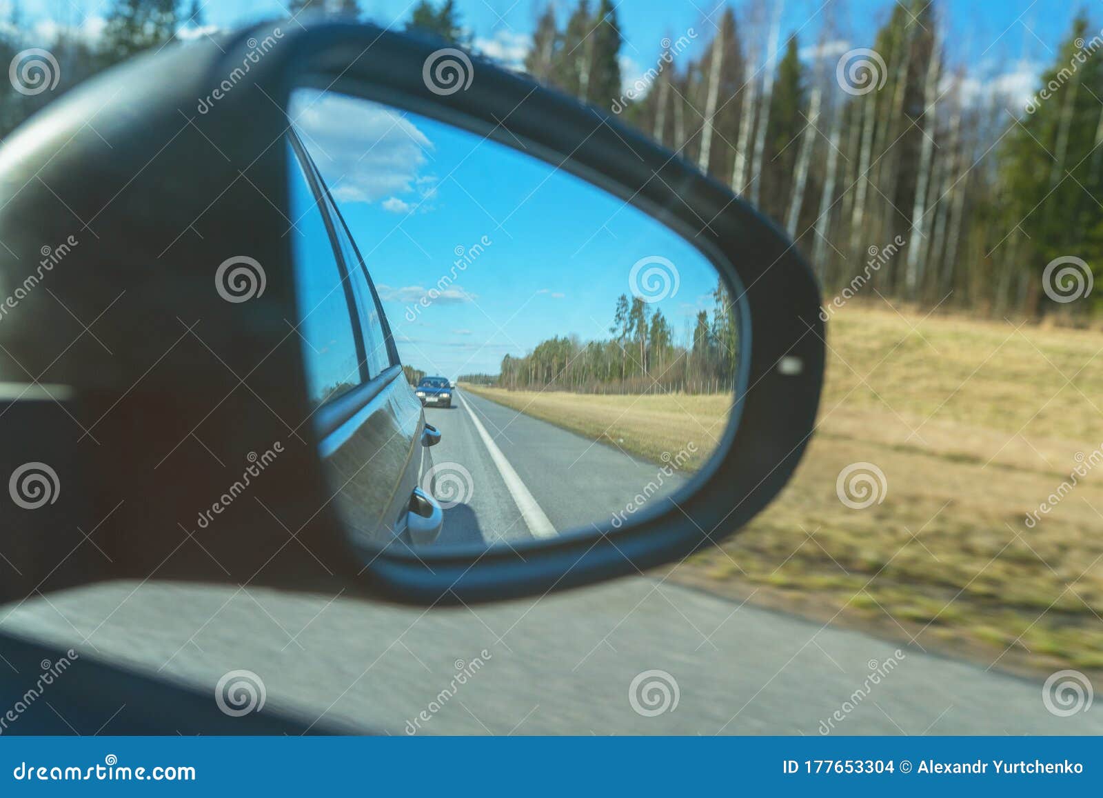 Dark Road Reflection with Asphalt Lines on Side Mirror Rear View of ...