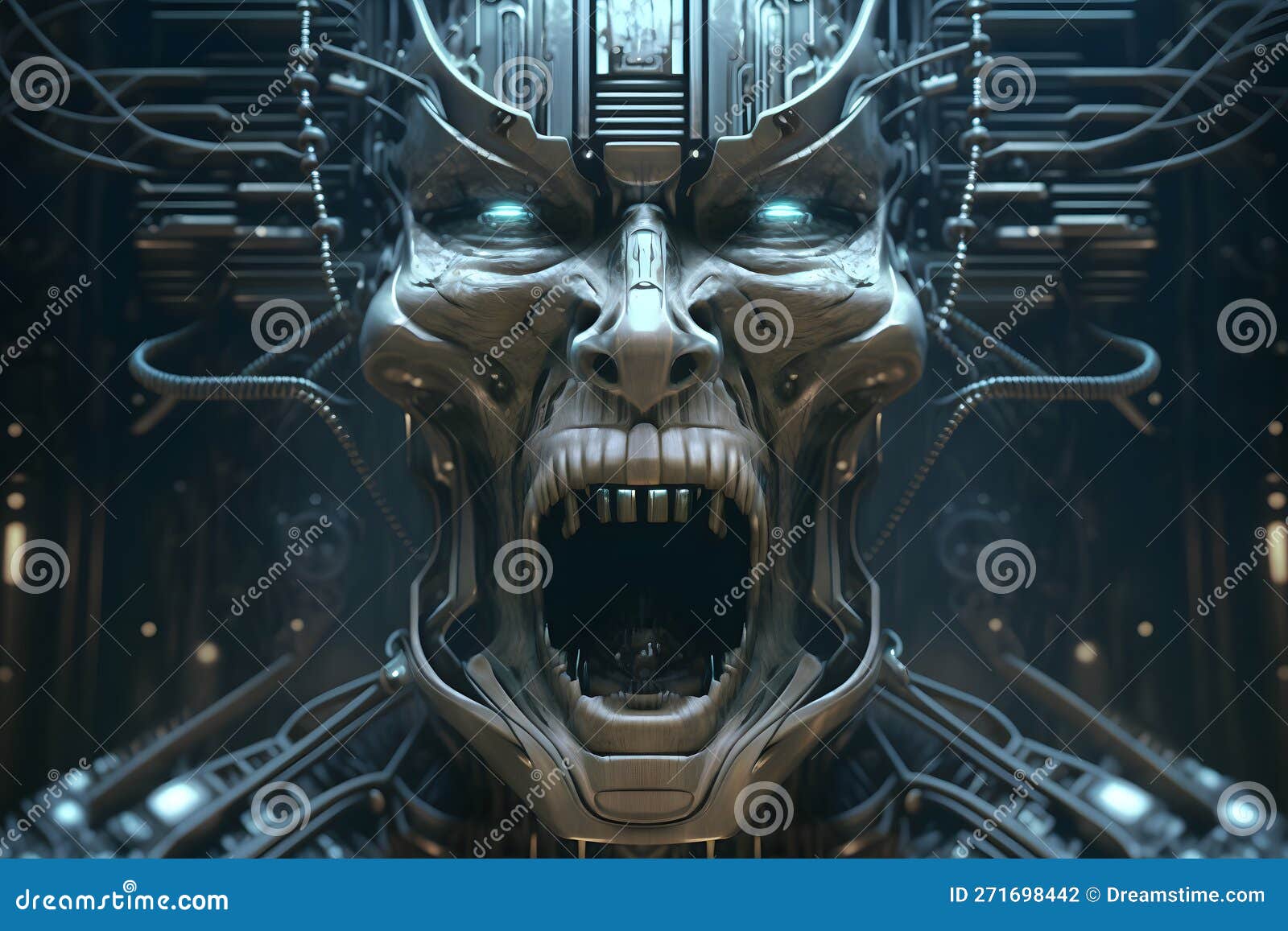 Dark Robotic Skeleton Science Fiction Screaming Robot Skull Connected ...