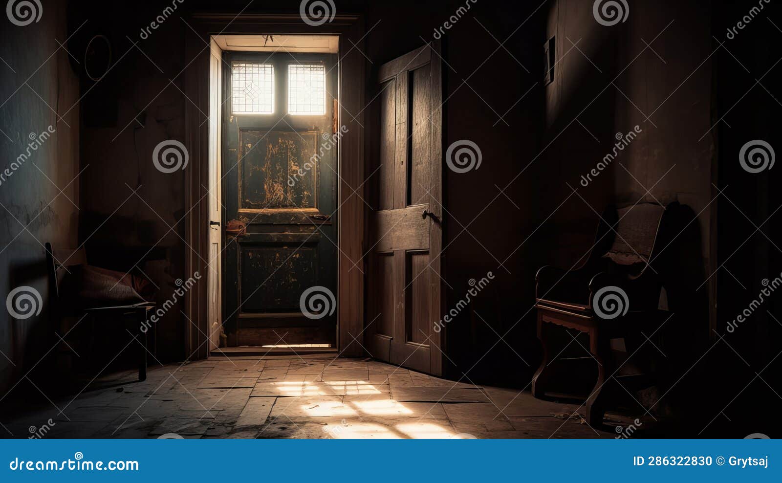 A Dark Room, the Doorway is Illuminated by Backlight, Rays of Light ...