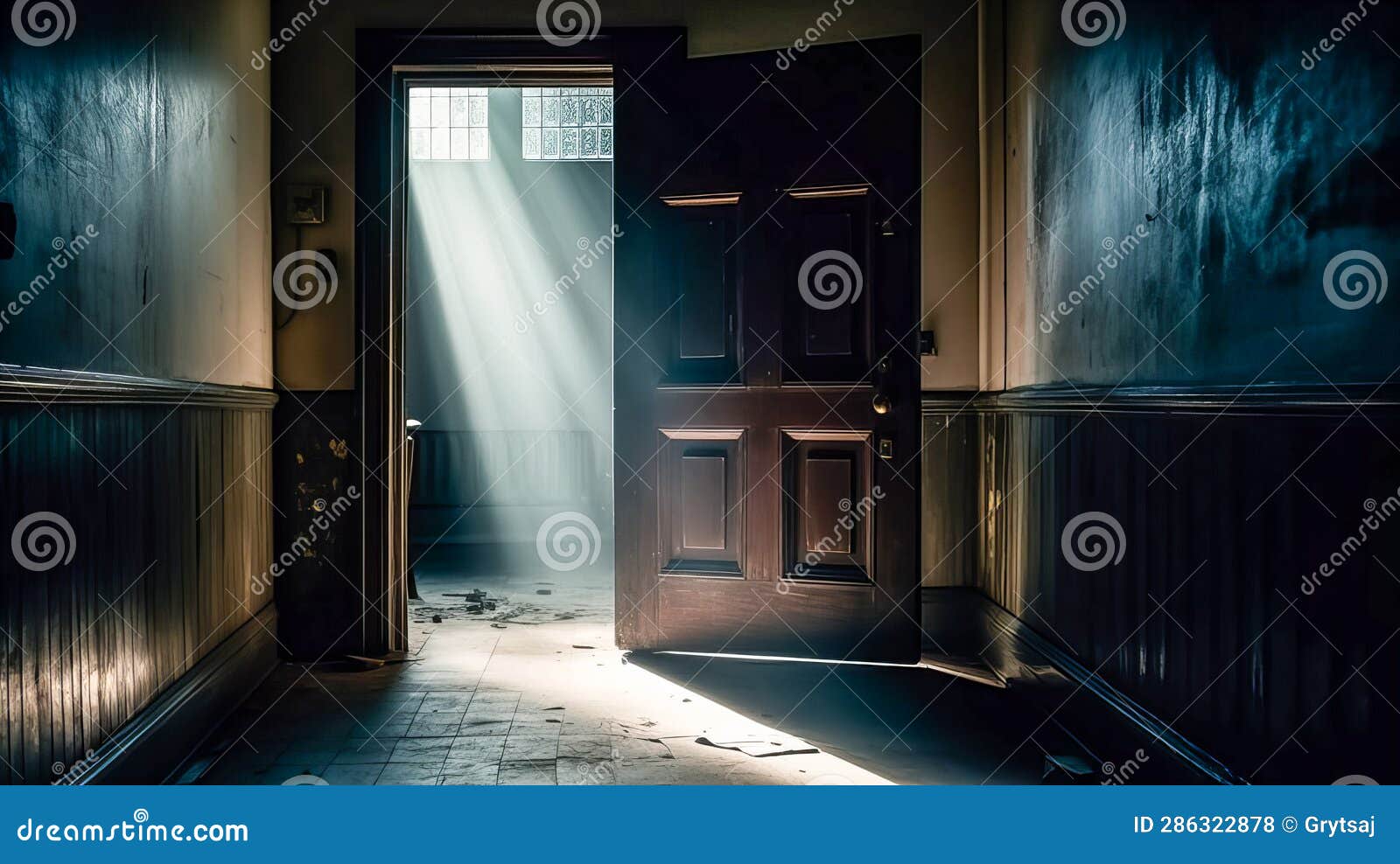 A Dark Room, the Doorway is Illuminated by Backlight, Rays of Light ...