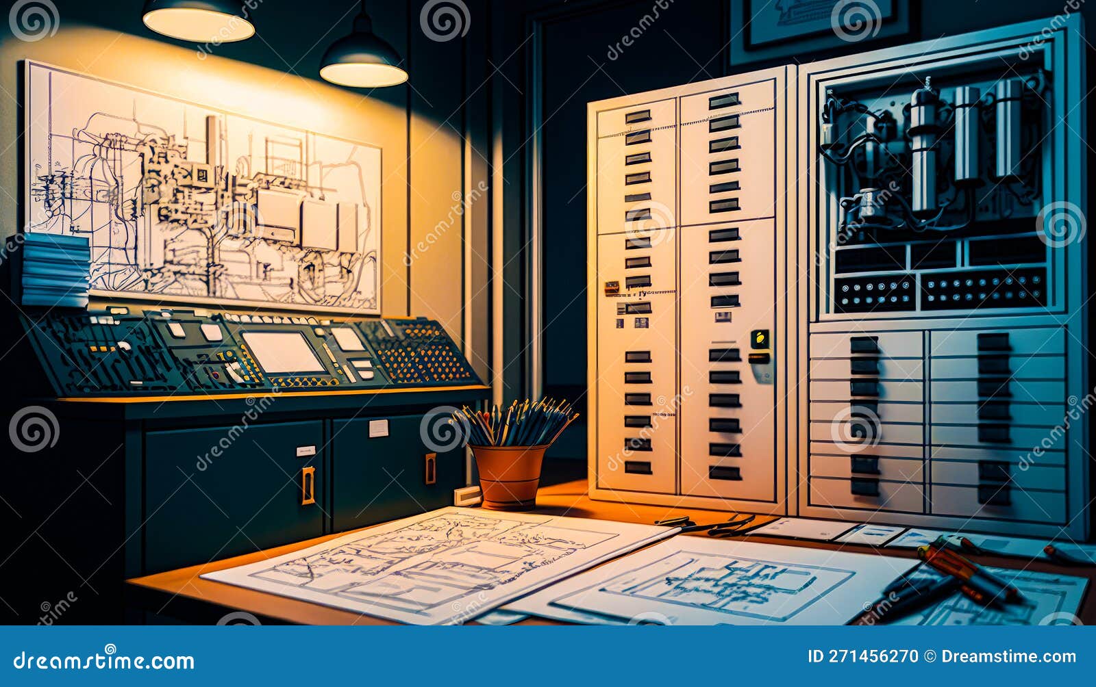 Dark Room with Electrical Equipment and Drawings on the Wall ...