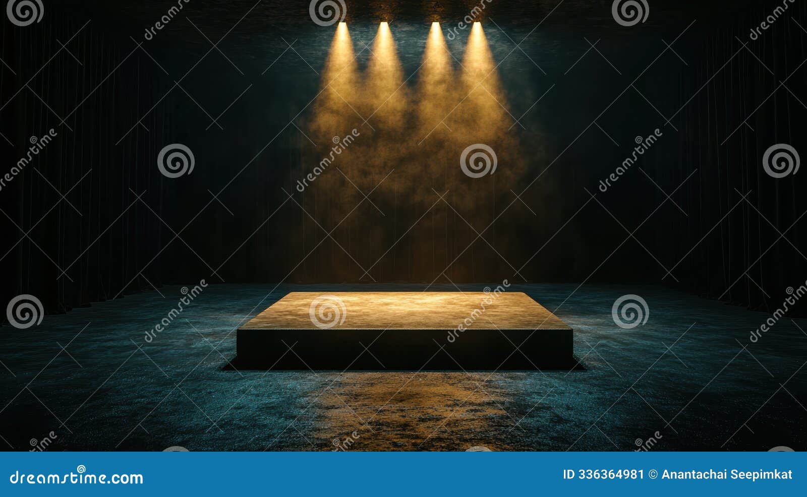 A Dark Room with an Empty Rectangular Stage Illuminated by Four Warm ...