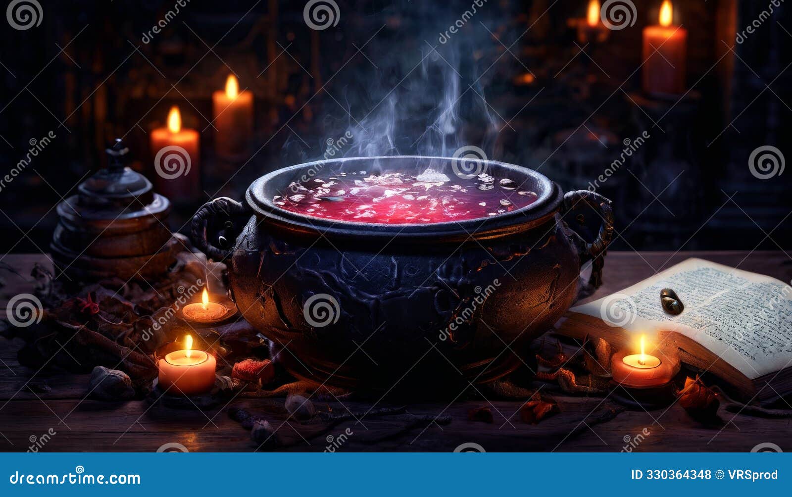 Steaming Cauldron with Potion and Candles in a Dark Room Stock Photo ...