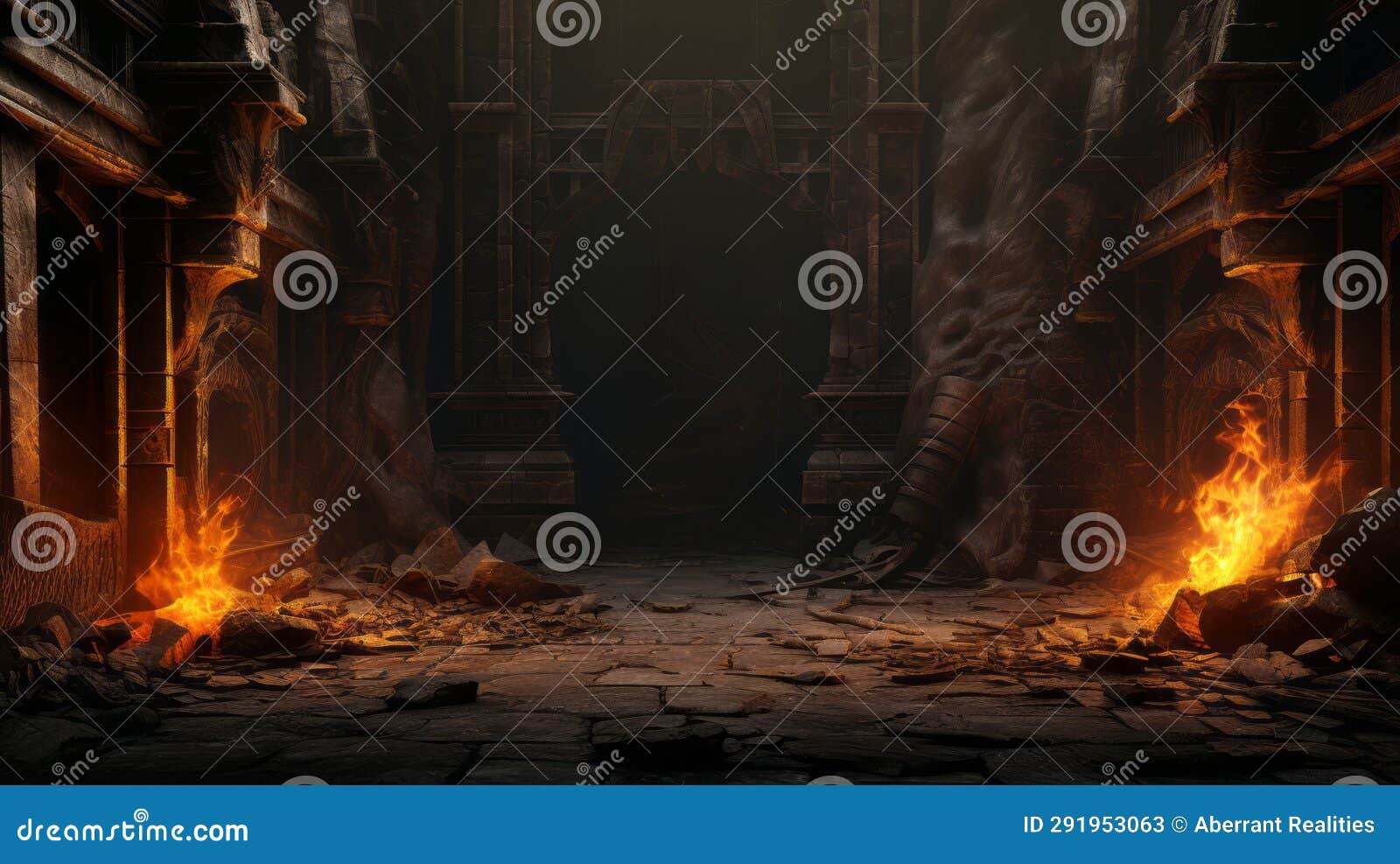 A Dark Room with Fire and Rubble in it Stock Illustration ...