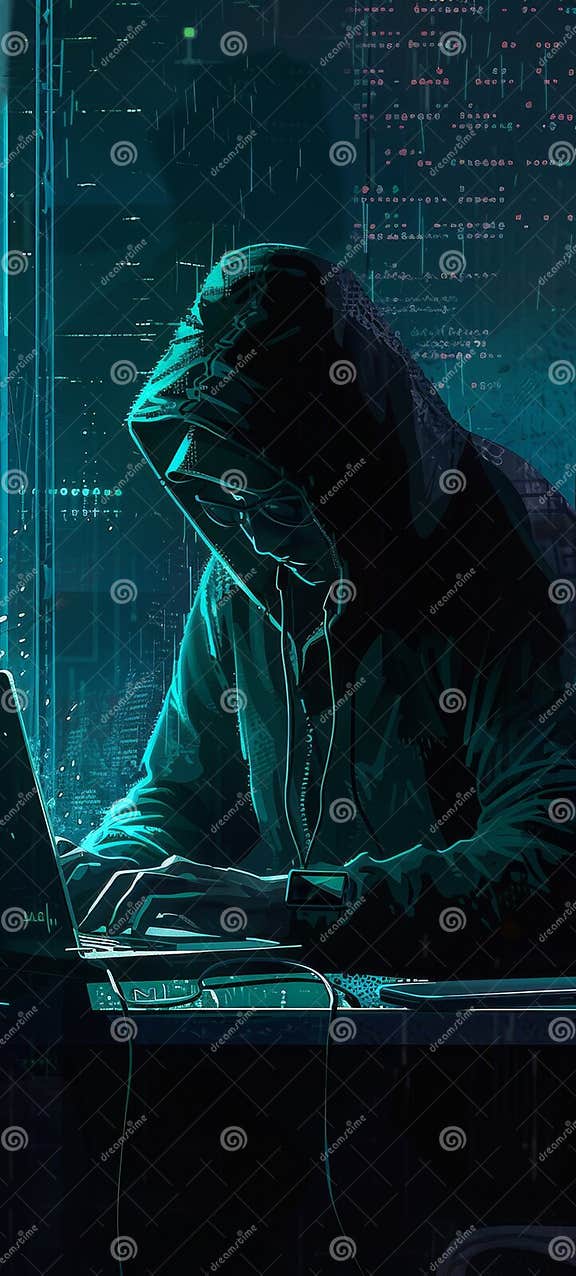 Dark Room with Hacker in Hood Using Laptop and Smartphone To Hack and ...
