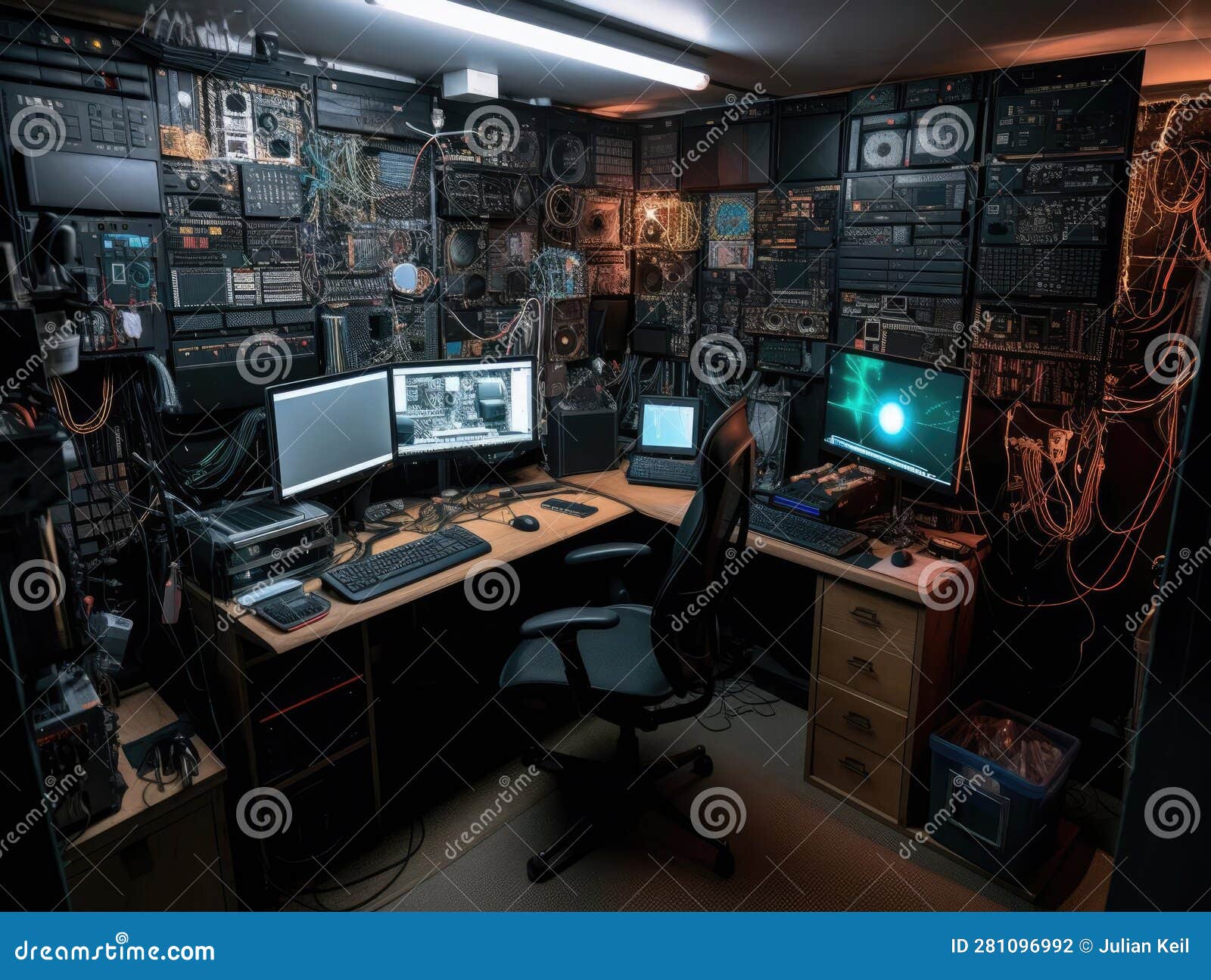 Dark Room with Hacking Software on Computer Stock Illustration ...