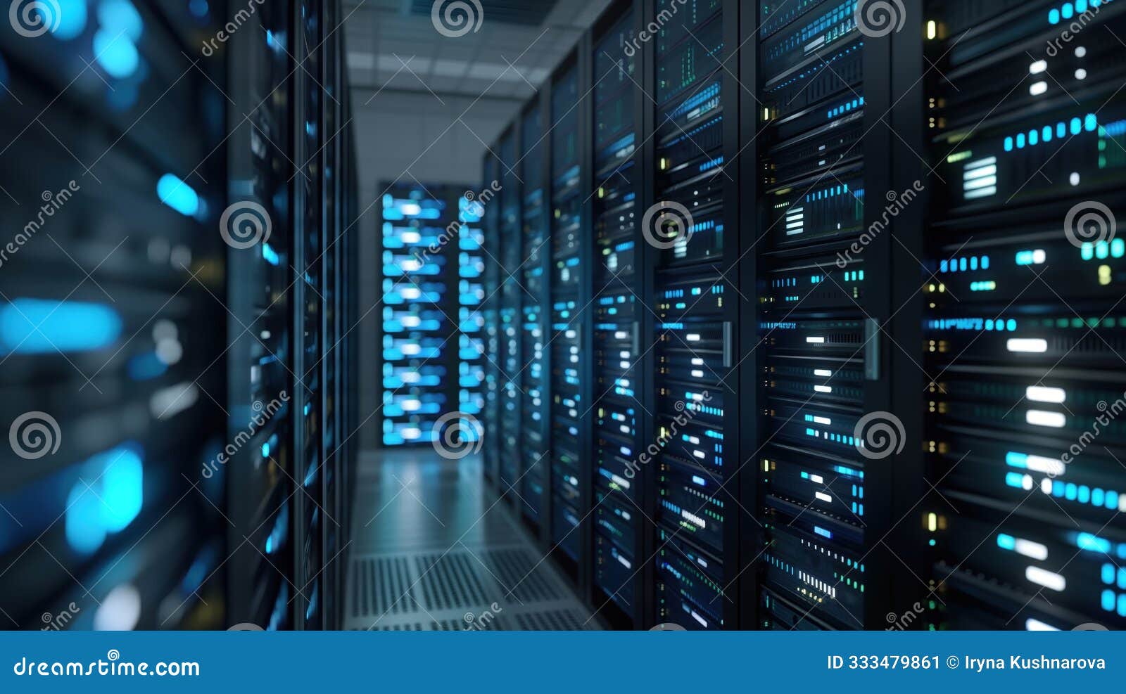 Dark Room Interior Features Row of Modern Servers in Data Center. Cyber ...