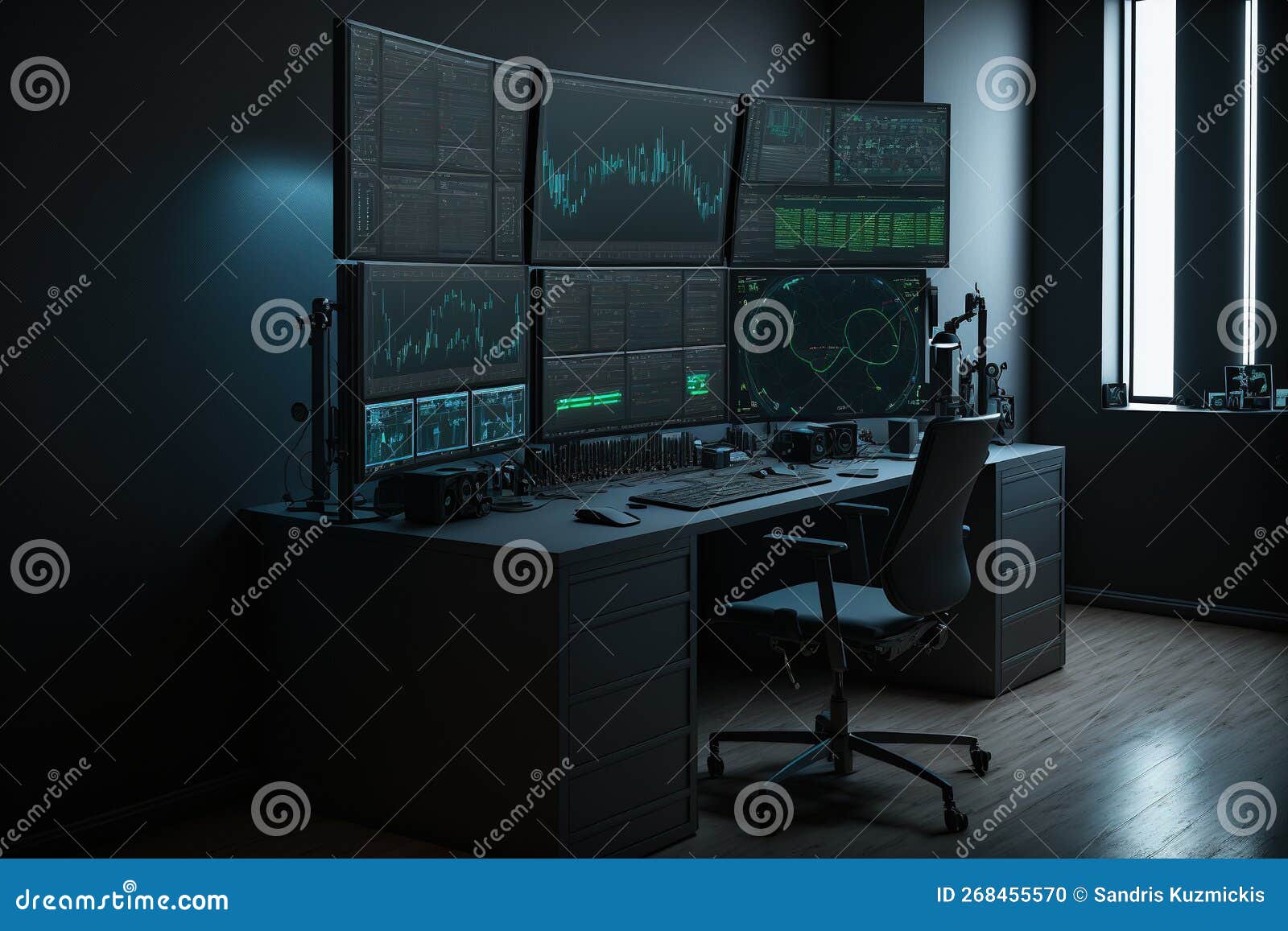 Dark Room with Many Screens As a Trading Setup with Charts on the ...