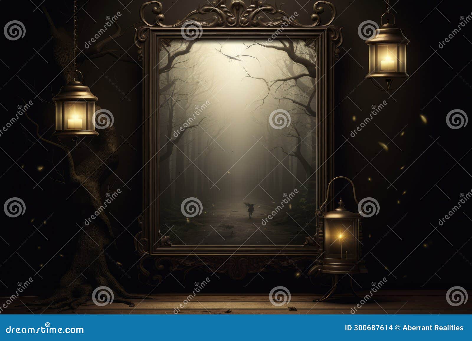 A Dark Room with a Mirror and Lanterns Stock Illustration ...