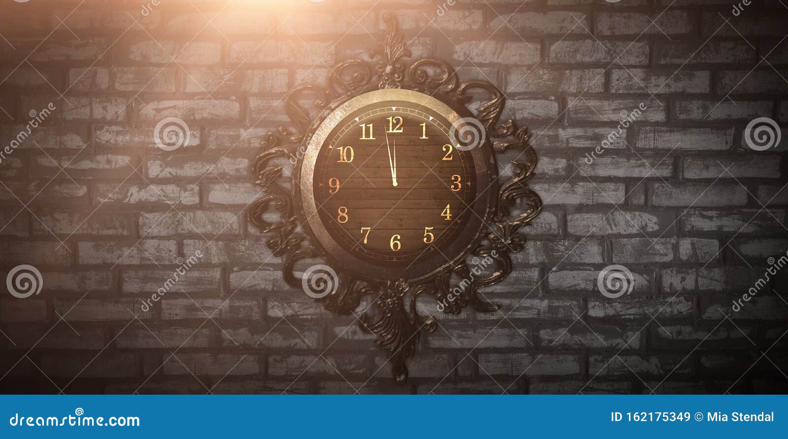 Dark Room. Old Brick Wall. Clock on the Brickwork, Night View. Stock ...