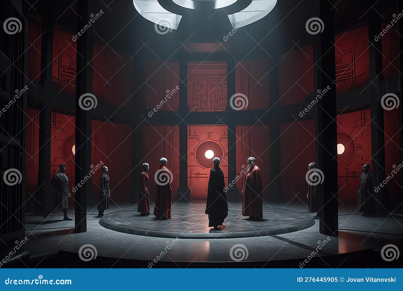 Dark Room with Pillars in Front and People Making Ceremonial Religious ...