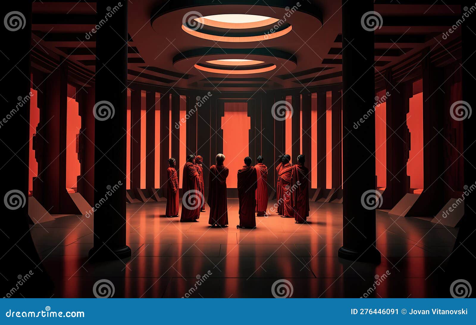 Dark Room with Pillars in Front and People Making Ceremonial Religious ...