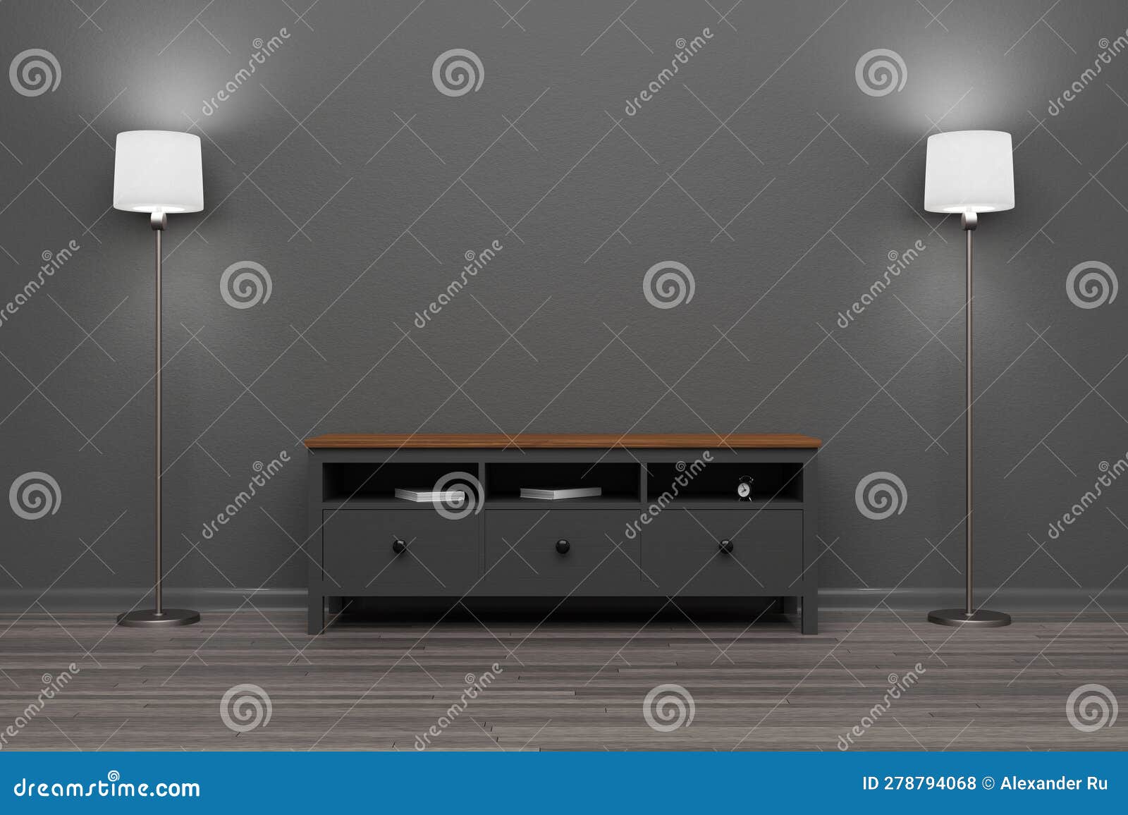 Dark Room with TV Cabinet. Place on the Wall for Your Design. Empty ...