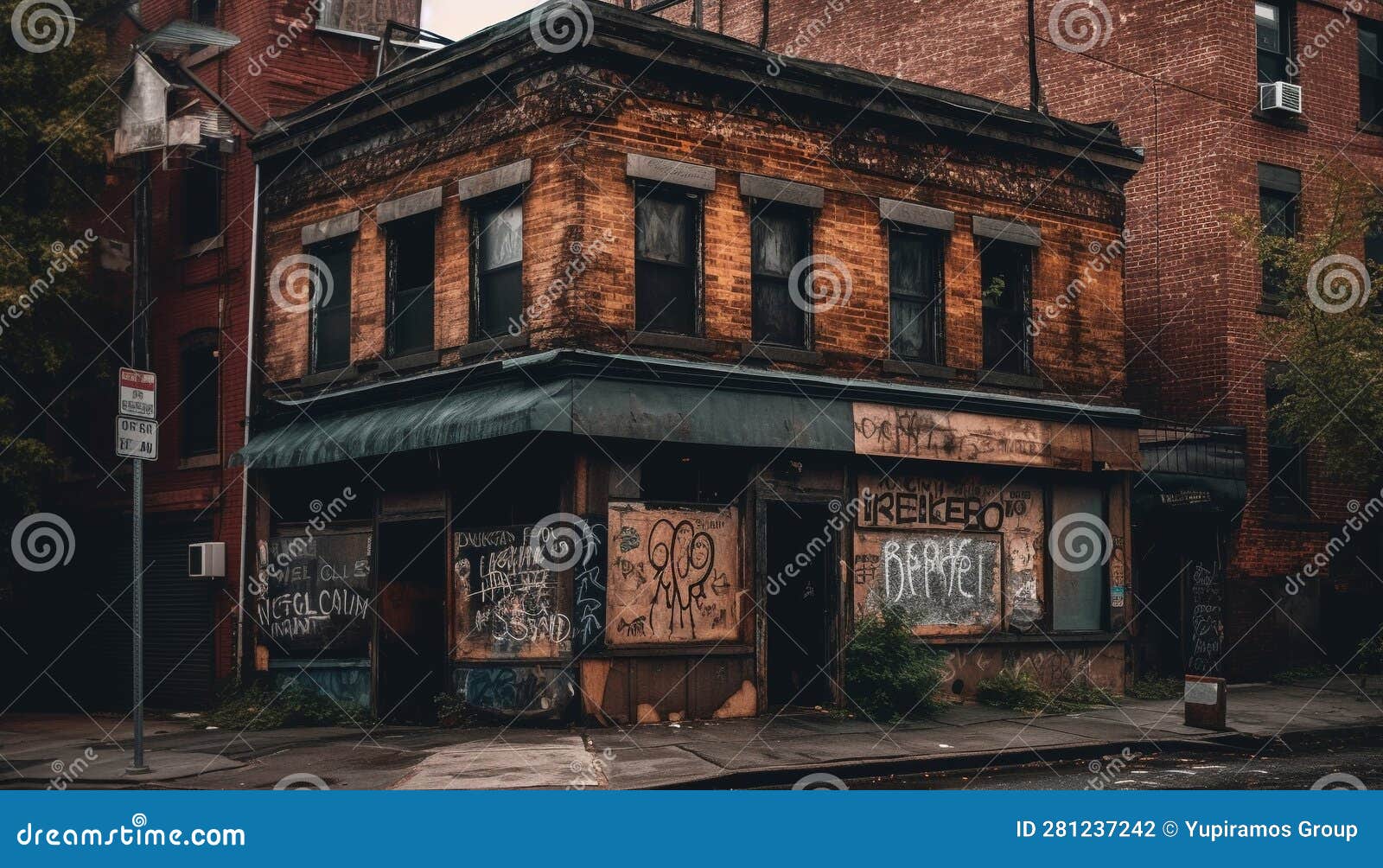 Dark, Rusty Building Feature in Run Down Cityscape with Graffiti ...