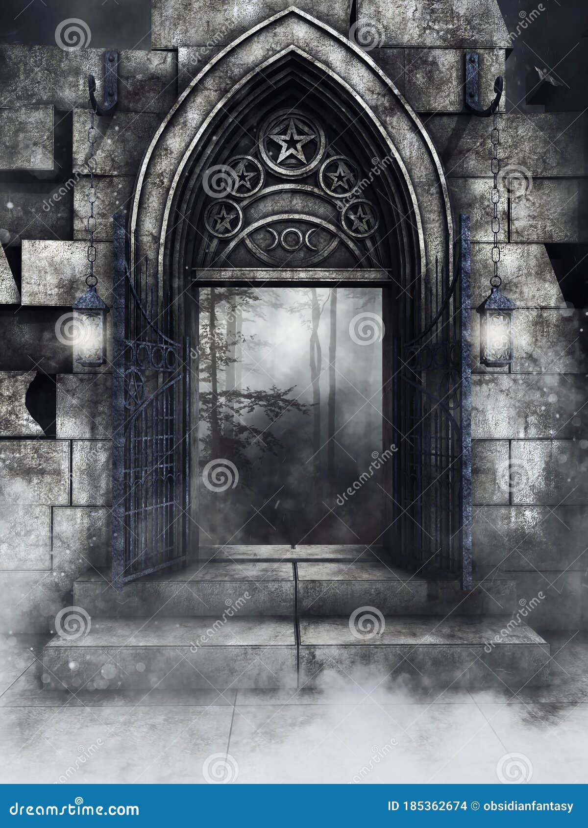 Gothic Gate with Hanging Lanterns Stock Illustration - Illustration of ...