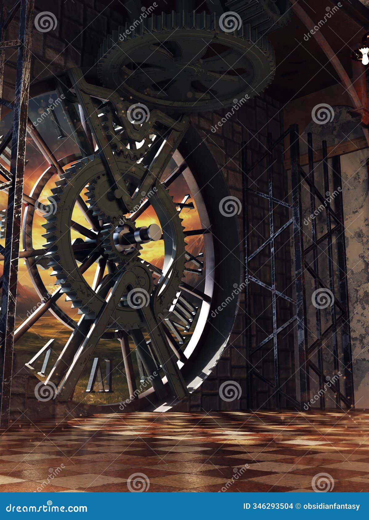 Dark Scene with a Room in a Clock Tower Stock Illustration ...