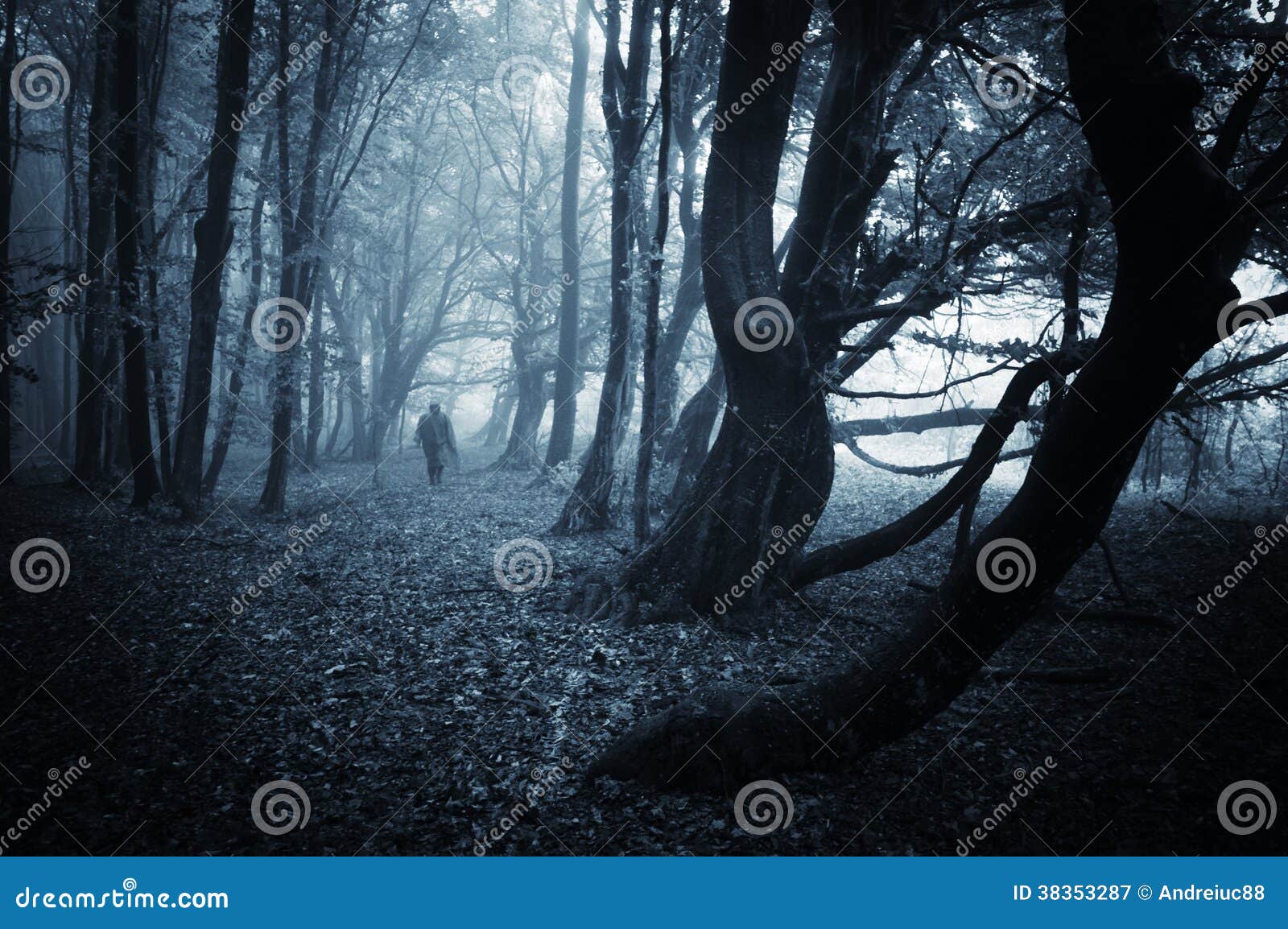 Dark Scene of a Spooky Man Walking in a Dark Forest with Blue Fog Stock ...