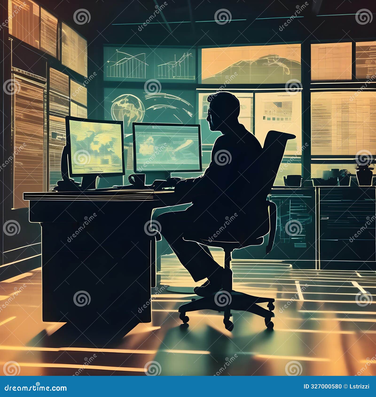 A Dark Schematic Silhouette of a Man at His Desk in a Very ...