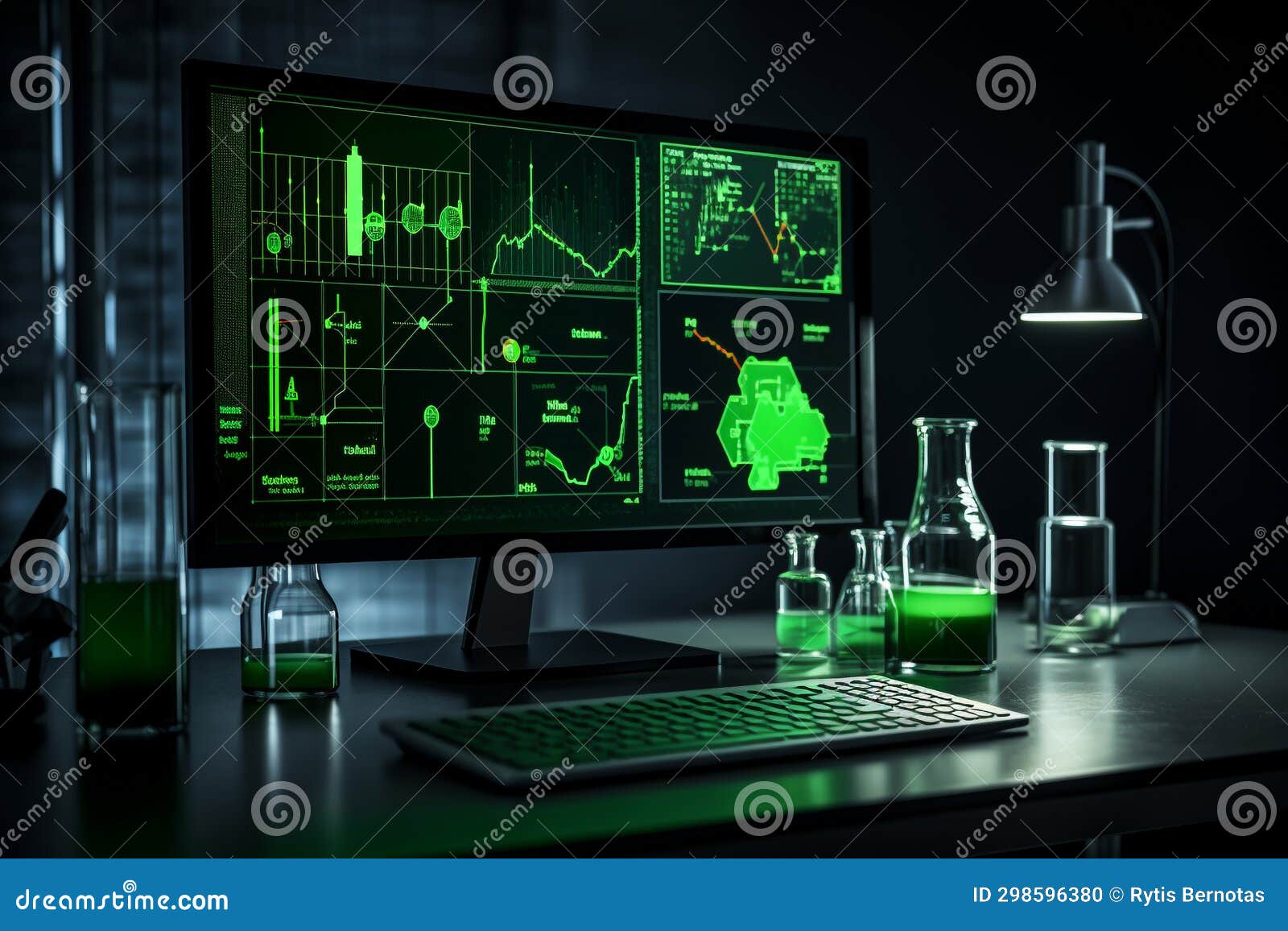 Dark Science Laboratory with Computer and Equipment Stock Illustration ...
