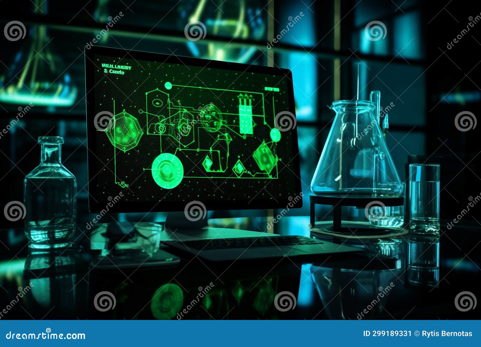 Dark Science Laboratory with Computer and Equipment Stock Illustration ...