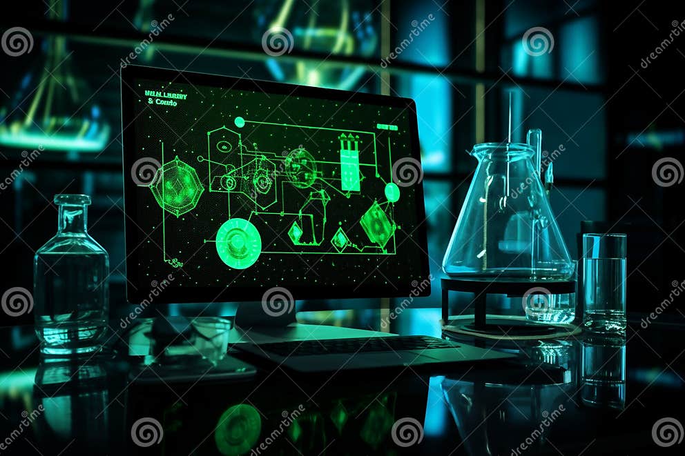 Dark Science Laboratory with Computer and Equipment Stock Illustration ...