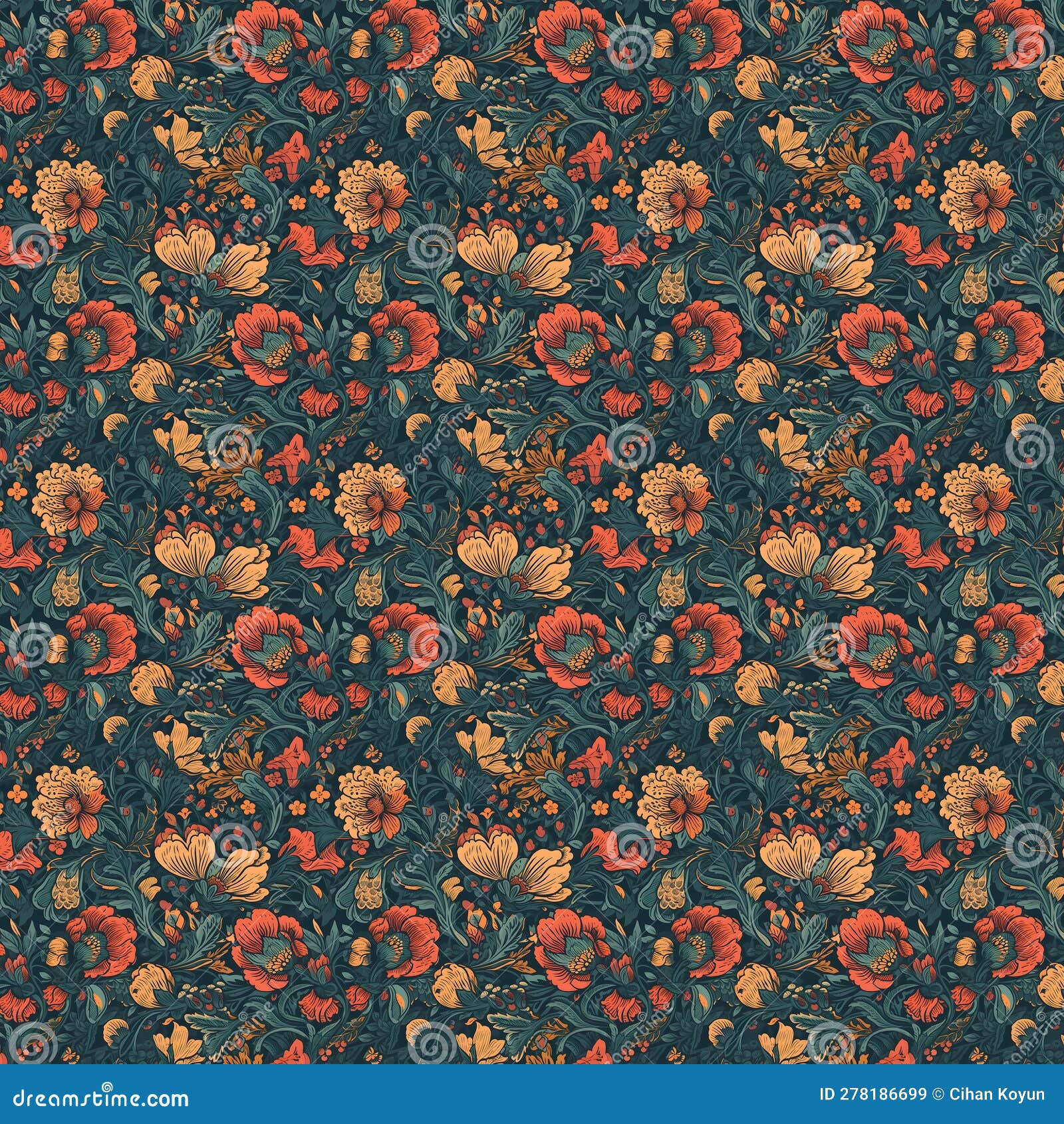 A Dark Seamless Floral Pattern with Orange and Brown Flowers on a Dark ...