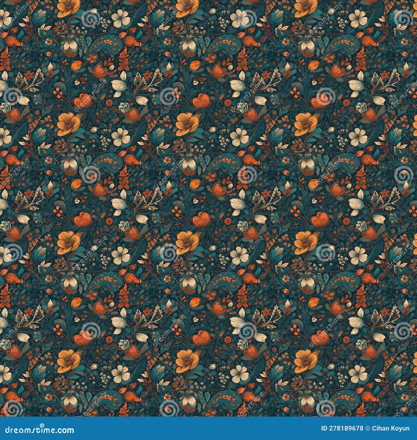 A Dark Seamless Floral Pattern with Orange and Brown Flowers on a Dark ...