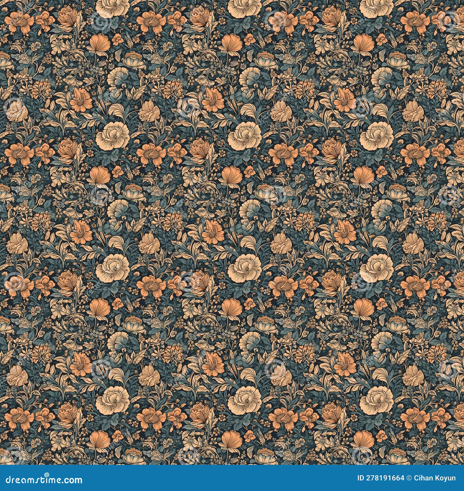 A Dark Seamless Floral Pattern with Orange and Brown Flowers on a Dark ...