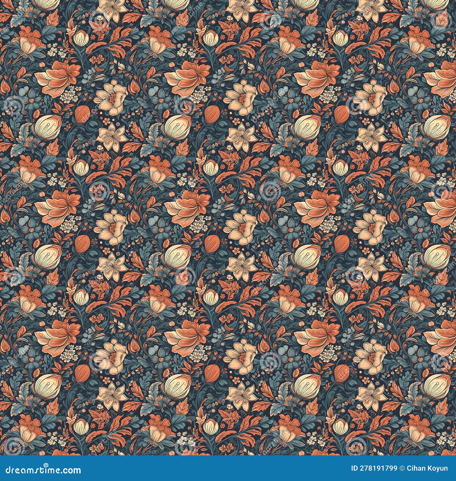 A Dark Seamless Floral Pattern with Orange and Brown Flowers on a Dark ...