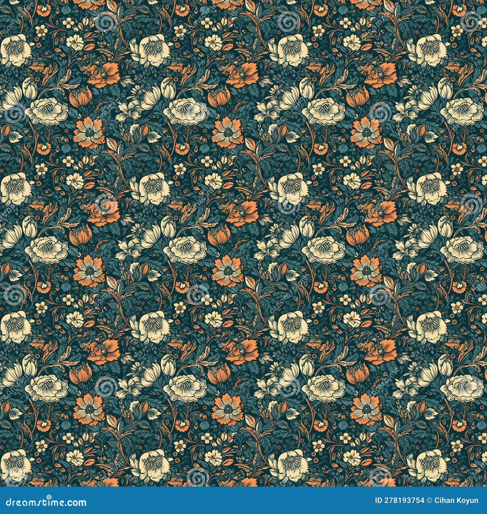 A Dark Seamless Floral Pattern with Orange and Brown Flowers on a Dark ...
