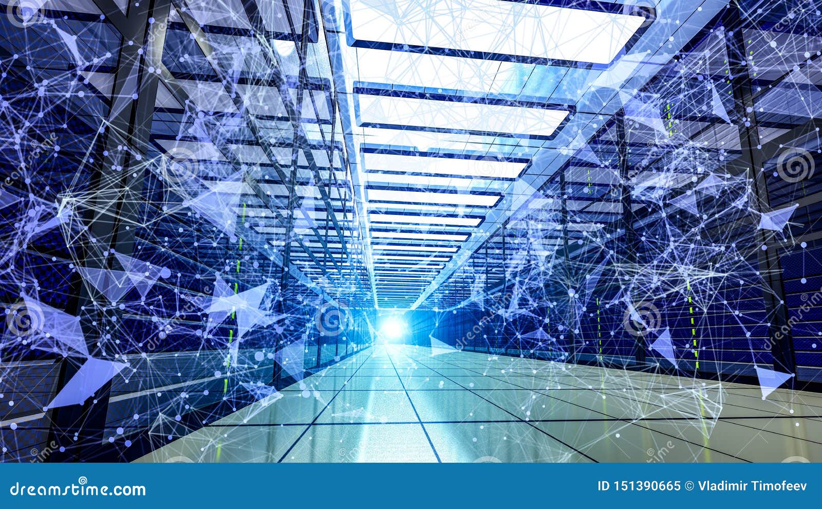 Dark Server Room Data Center Storage with Blue Lights 3D Render Stock ...