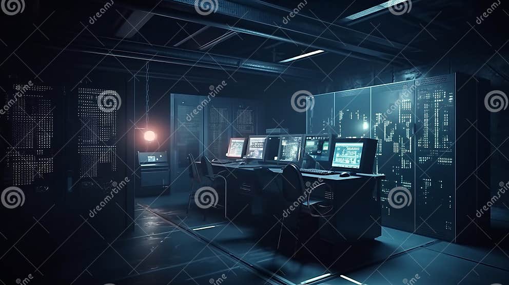 Dark Server Room with Glowing Computer Equipment Stock Image - Image of ...