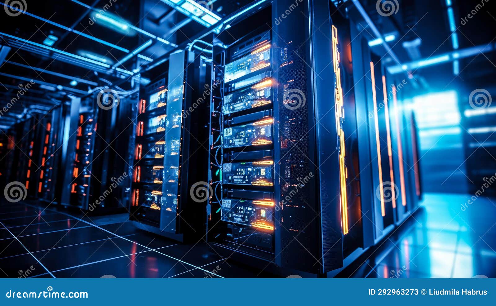 Dark Server Room with Glowing Lights Stock Image - Image of datum ...