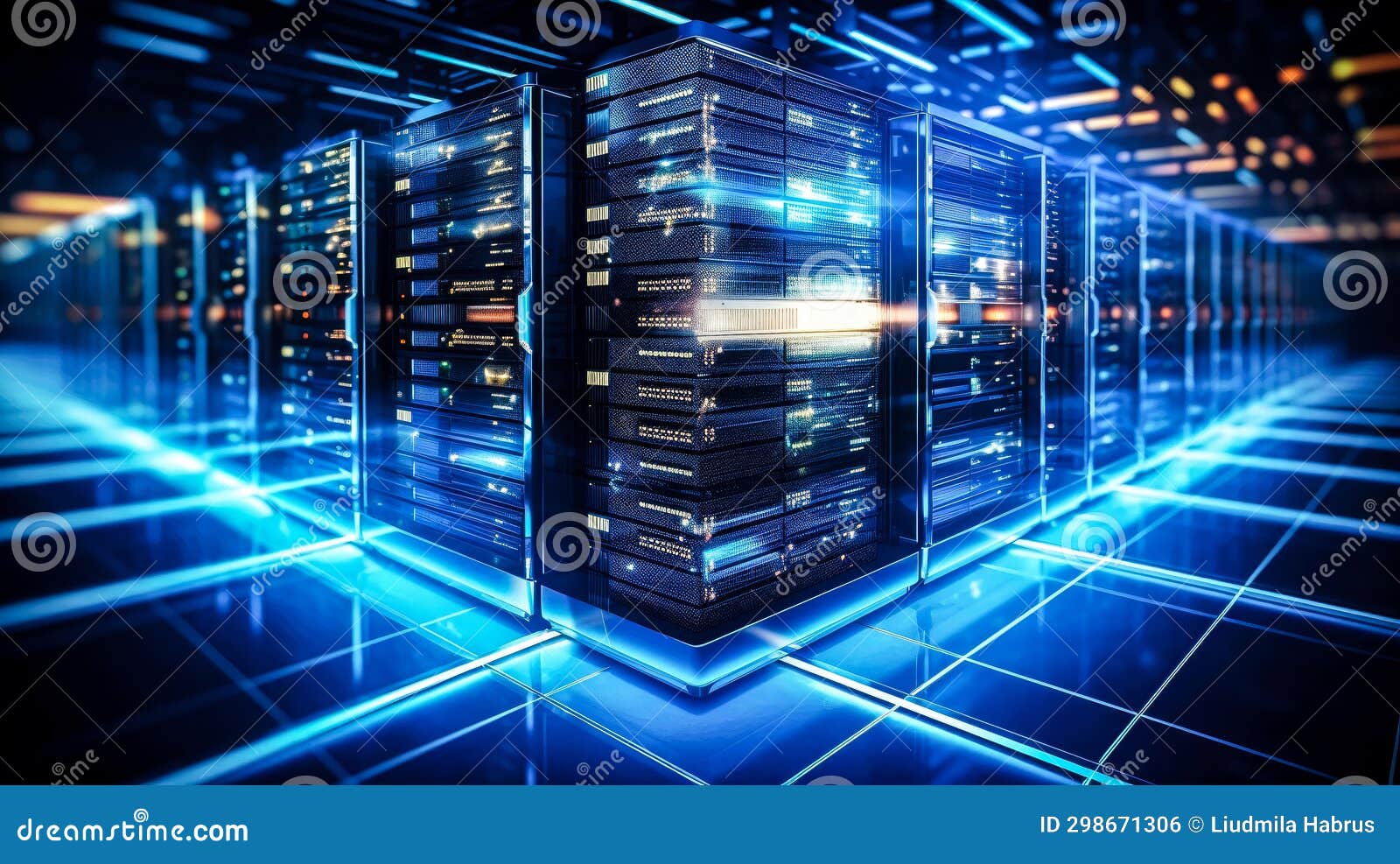 Dark Server Room with Glowing Lights Stock Photo - Image of connection ...