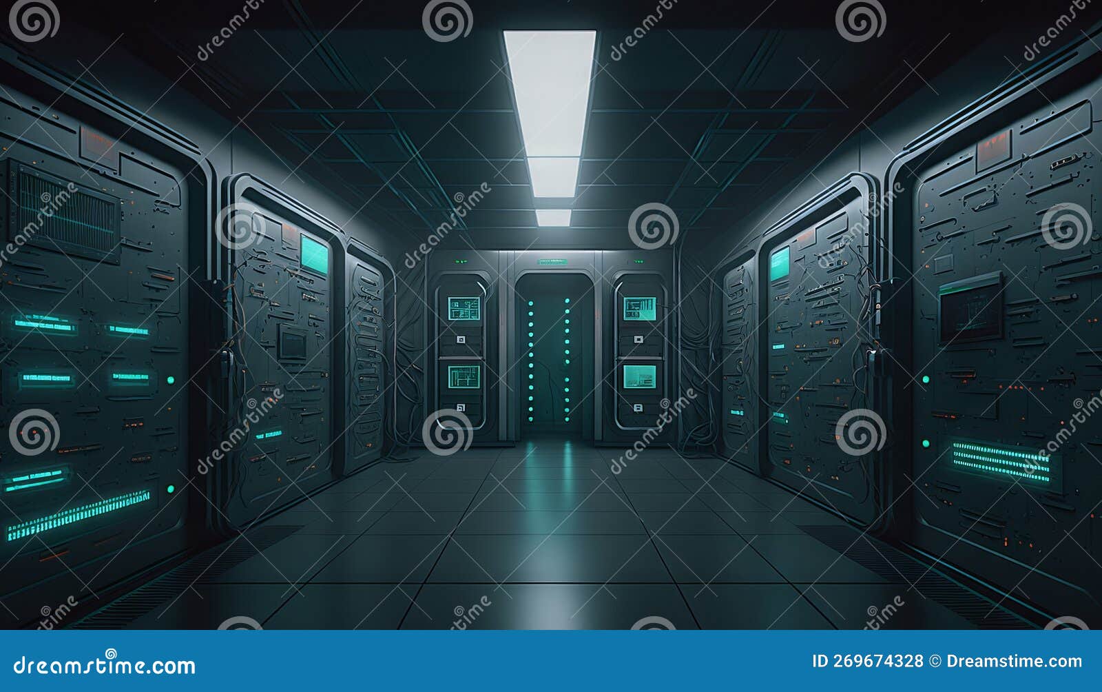 Dark Server Room Interior with Bright Glowing Lights. Generative AI ...