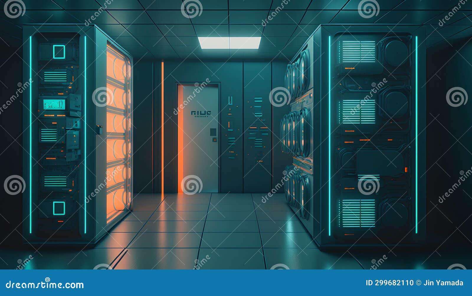 Dark Server Room Interior with Hard Drives and Neon Lights. 3D ...