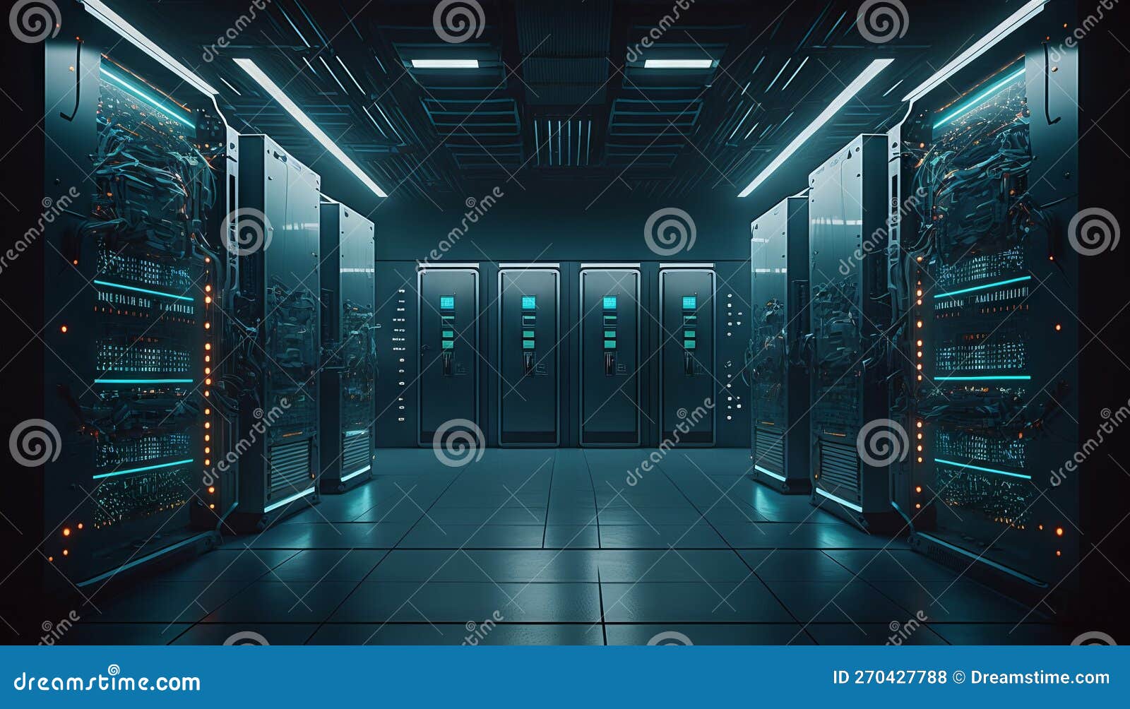 Dark Server Room Interior with Rows of Server Racks. Generative AI ...