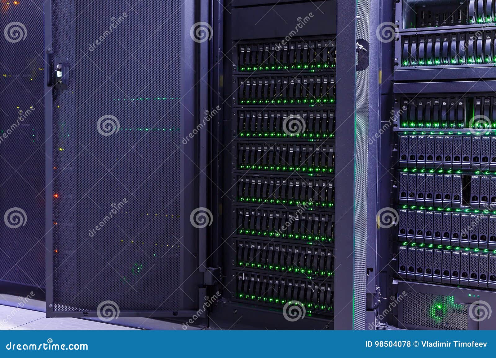 Dark Server Room of Modern Data Center Storage with Blue Lights Stock ...