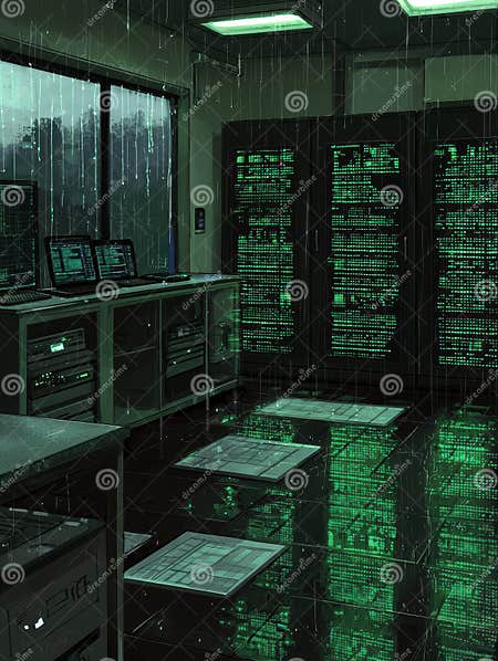 Dark Server Room with Rain and Glowing Green Data Screens Stock Image ...