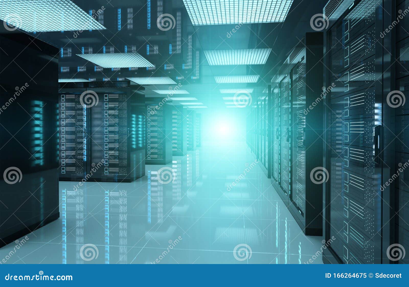 Dark Servers Data Center Room with Bright Halo Light through the ...