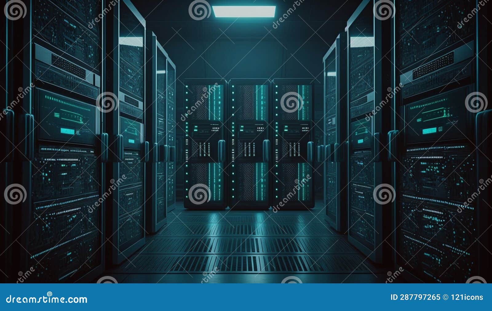 Dark Servers Data Center Room with Computers and Storage Systems Blue ...