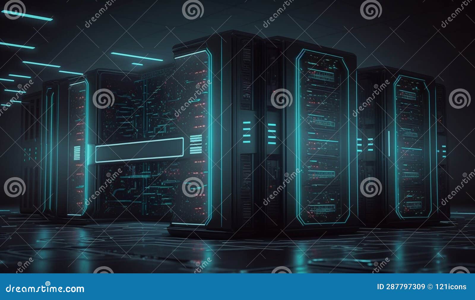 Dark Servers Data Center Room with Computers and Storage Systems Blue ...