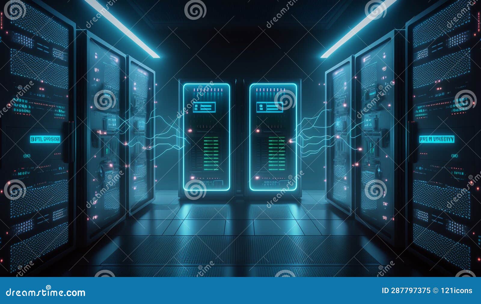 Dark Servers Data Center Room with Computers and Storage Systems Blue ...