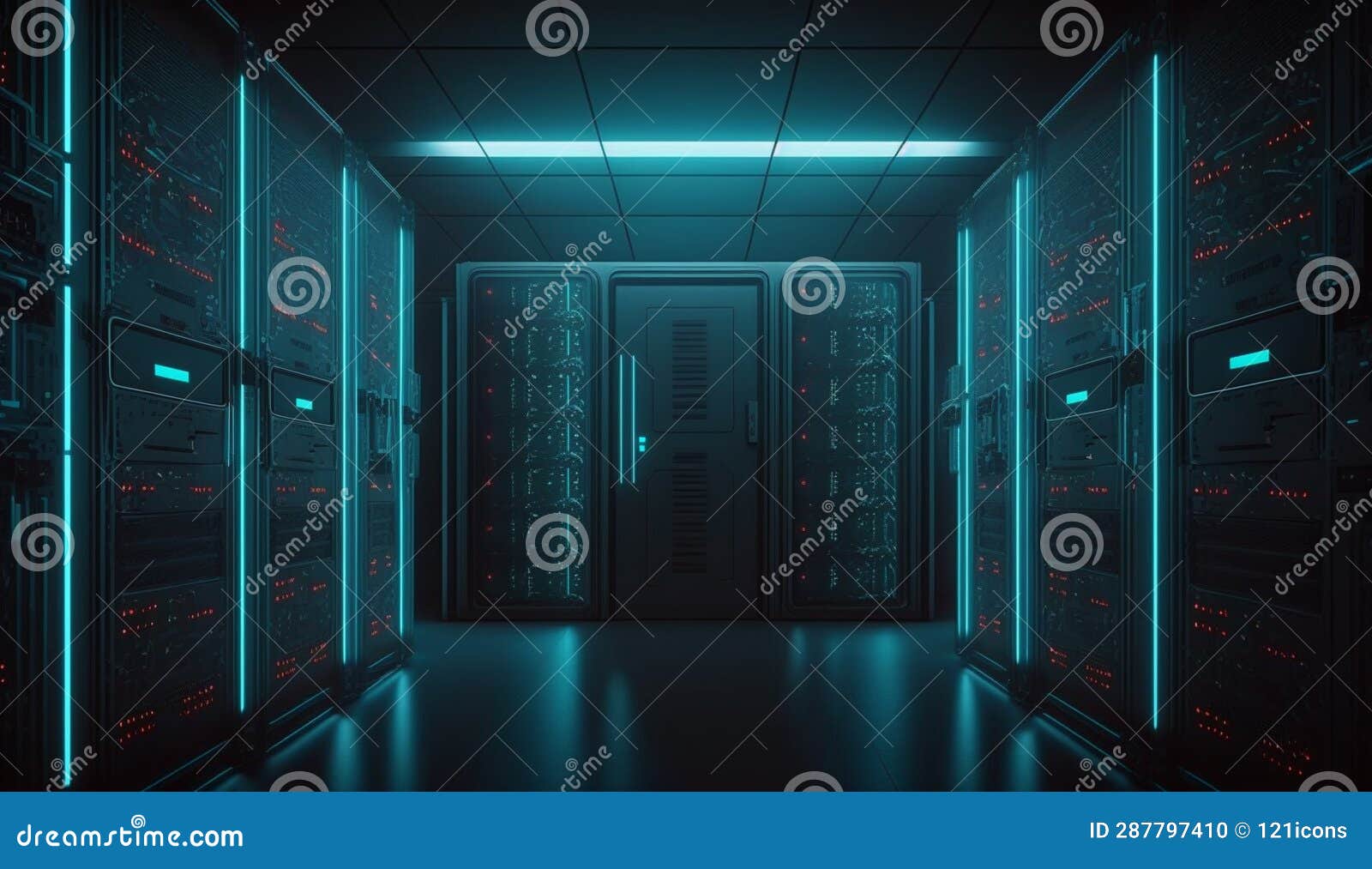 Dark Servers Data Center Room with Computers and Storage Systems Blue ...