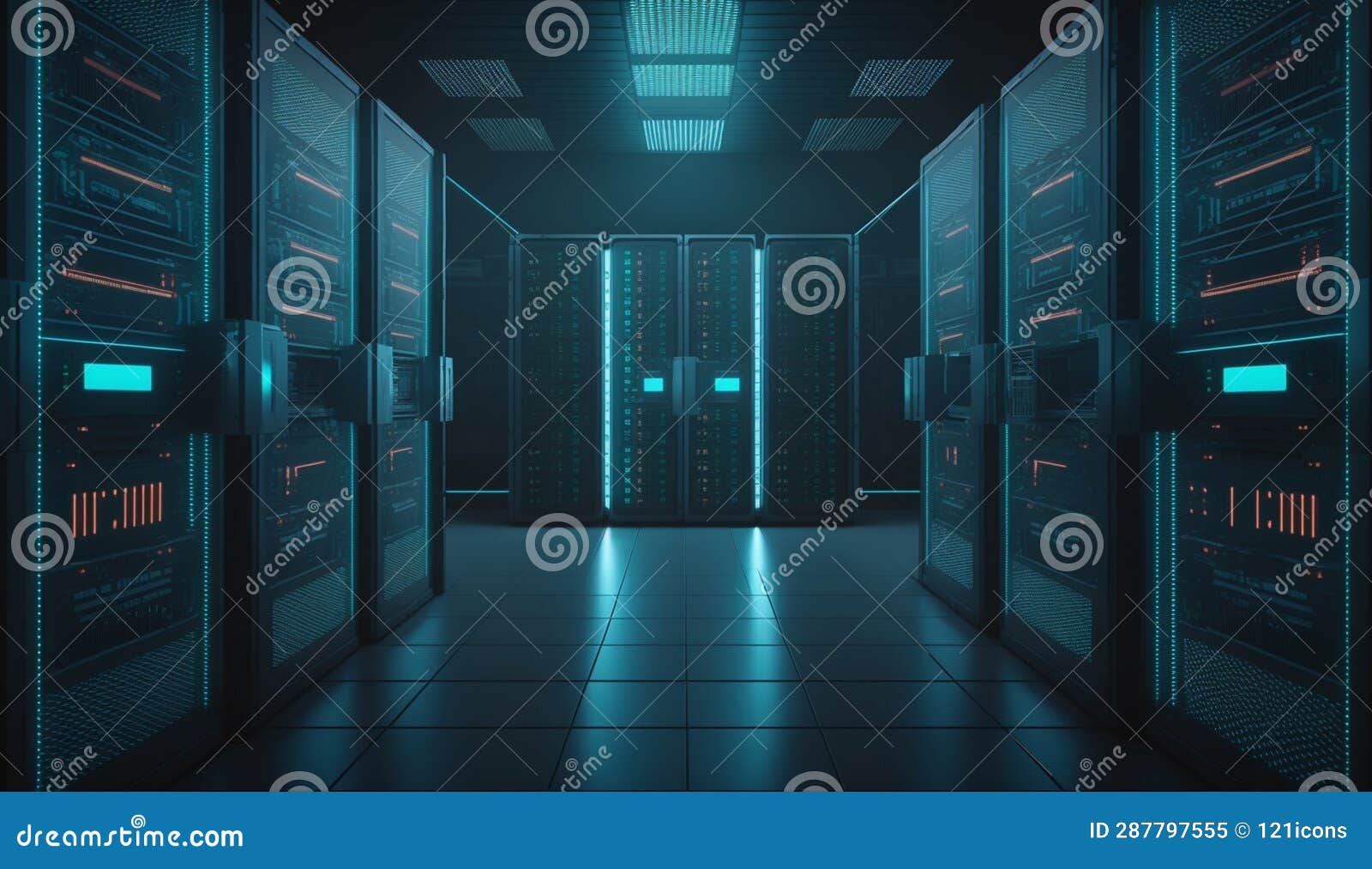 Dark Servers Data Center Room with Computers and Storage Systems Blue ...