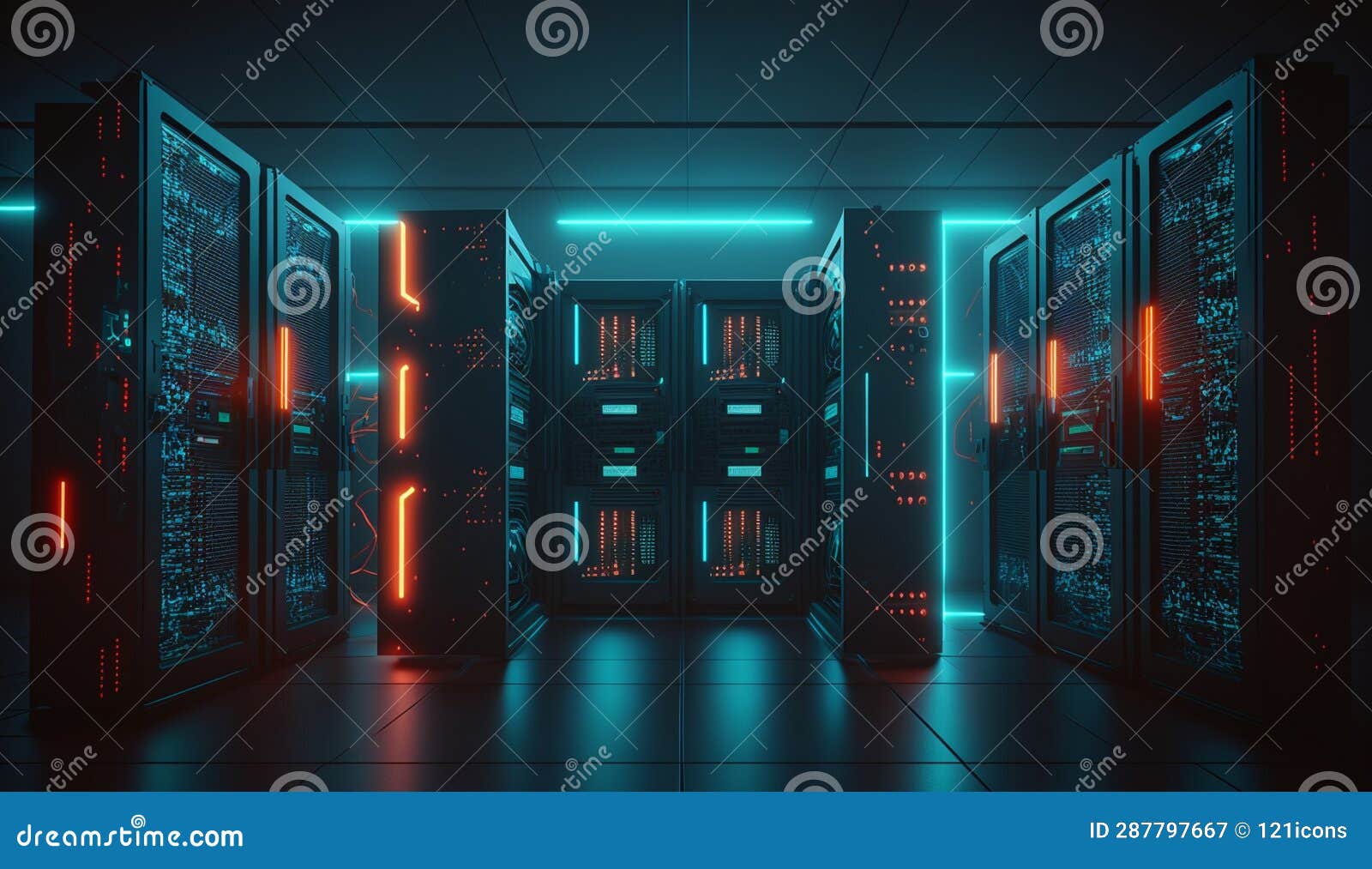 Dark Servers Data Center Room with Computers and Storage Systems Blue ...