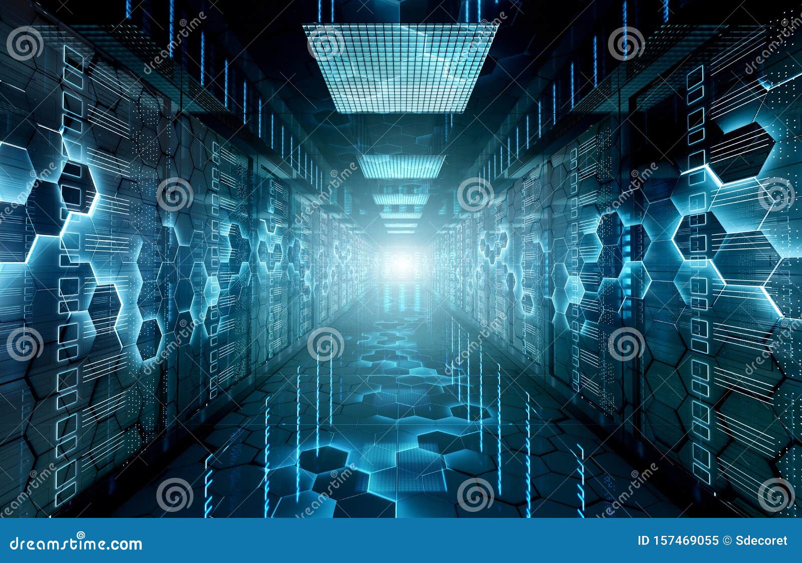 Servers Data Center Room with Computers Storage Systems and Hexagonal ...