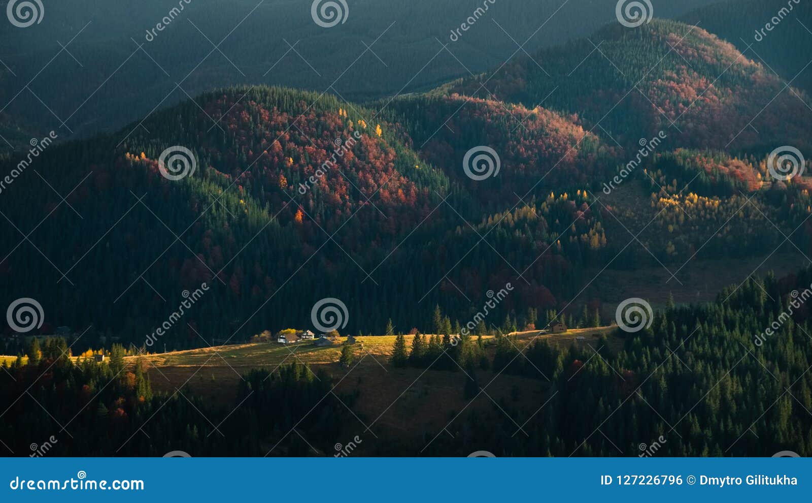 Dark Shadow Mountain Landscape with Light Valley at Sunset Stock Photo ...